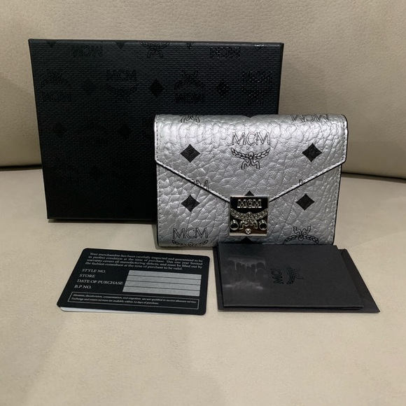 MCM | Bags | Mcm Tracy Three Fold Silver Visetos Wallets | Poshmark